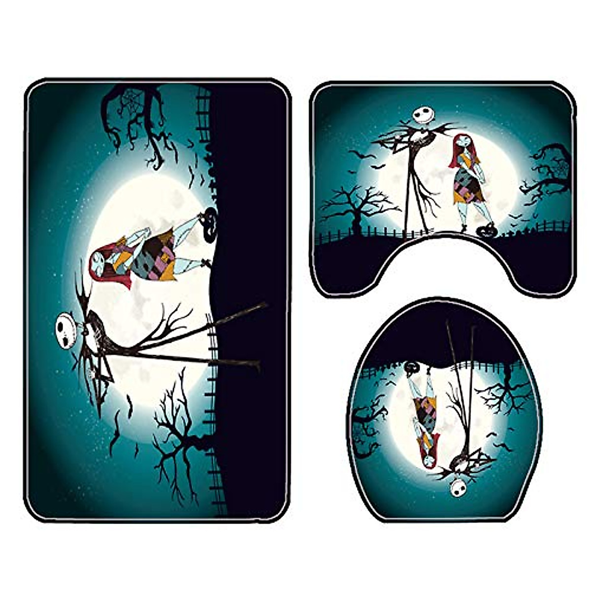 TAWOAO 4 Pcs Jack Skellington Shower Curtain Set with Non-Slip Rugs,Toilet Lid Cover and Bath Mat,Nightmare Before Christmas Shower Curtain with 12 Hooks