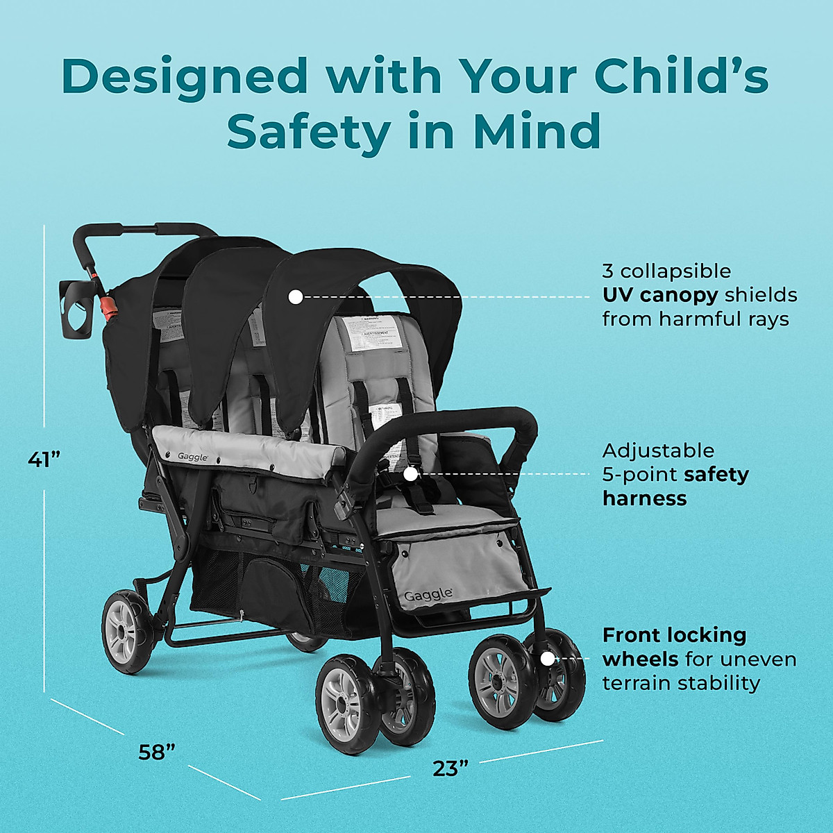 Gaggle by Foundations Compass 3 Seat Stroller | Triple Stroller for Infant and 2 Toddlers | Lightweight Tandem Triple Stroller | Foot Brake | Shock-Absorbing All-Terrain Wheels | Easy Folding | Black