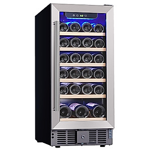 Takywep 30 Bottles Wine Fridge Under Counter, 15 Inch Wine Cooler with 40～60°F Digital Temperature Control, Safety Lock, All Wood Removable Shelves, Stainless Steel+Glass Door, Built-In Wine Cellars