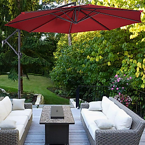 Tangkula Patio Umbrella, 10 ft Outdoor Offset Hanging Umbrella with Crank and Cross Base, 8 Steel Rips, Sturdy Frame and Adjustable Umbrellas for Garden Poolside Deck Market (Burgundy)