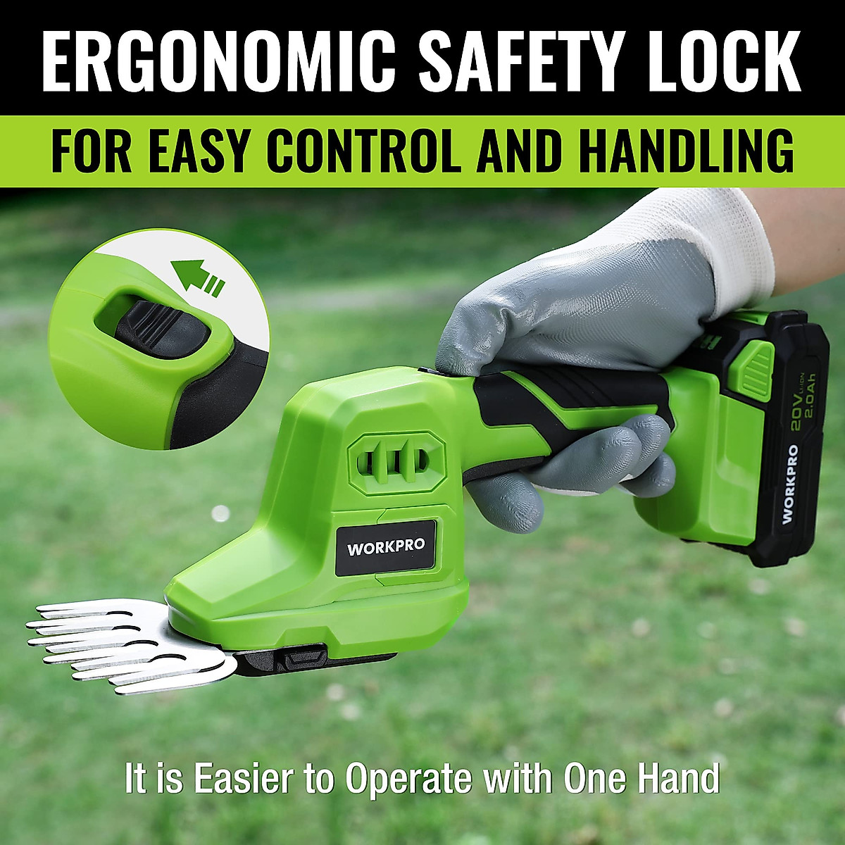 WORKPRO 20V Cordless Grass Shear & Shrubbery Trimmer-2 in 1 Handheld Hedge Trimmer, Electric Grass Trimmer Hedge Shear/Grass Cutter with 2.0Ah Rechargeable Lithium-Ion Battery and 1 Hour Fast Charger
