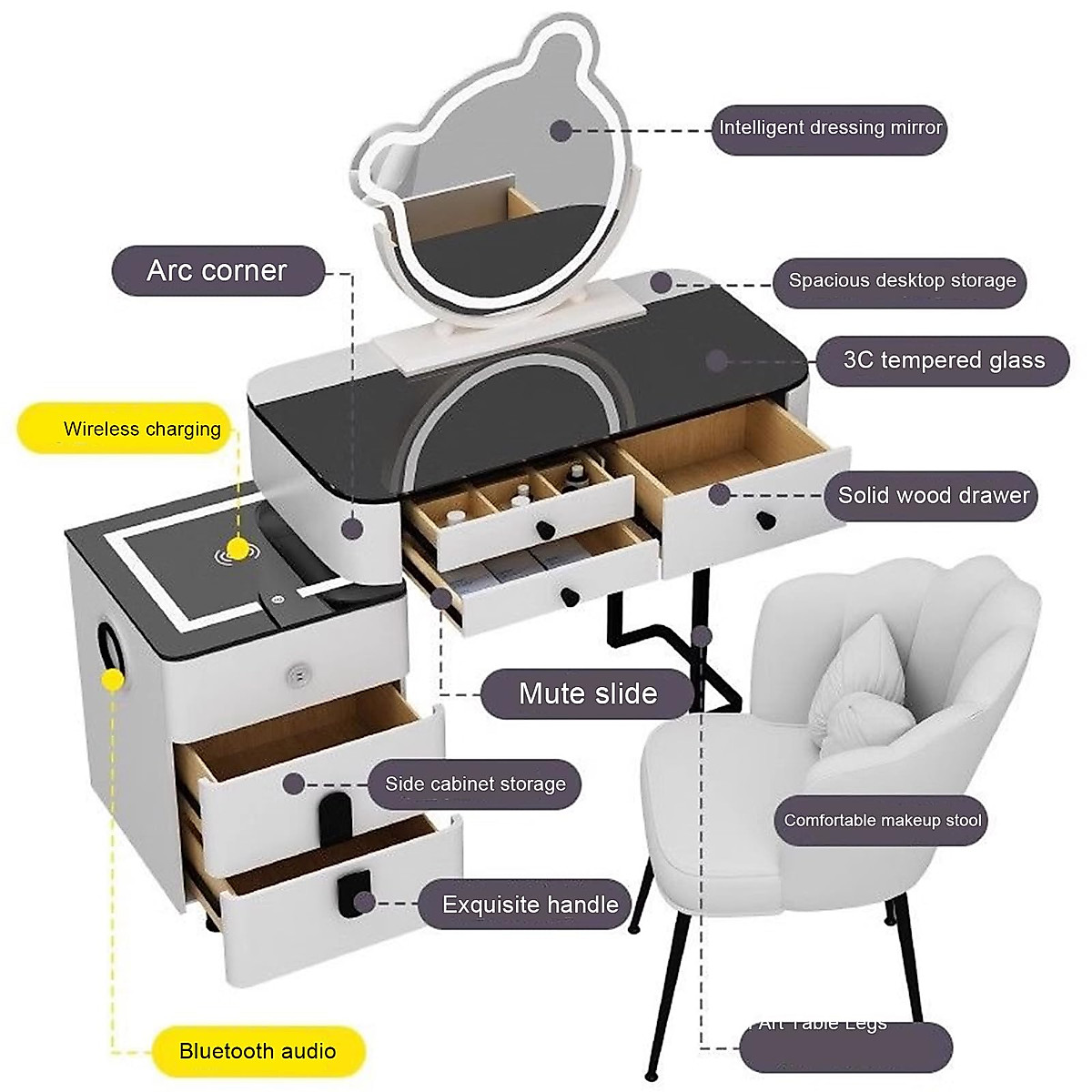 Topjia Makeup Vanity Set with Wireless Charging Station & Bluetooth Speaker, 6 Drawers Cute Smart Makeup Mirror Vanity Desk Chair,Large Capacity Movable Side Cabinet Makeup Vanity for Bedroom