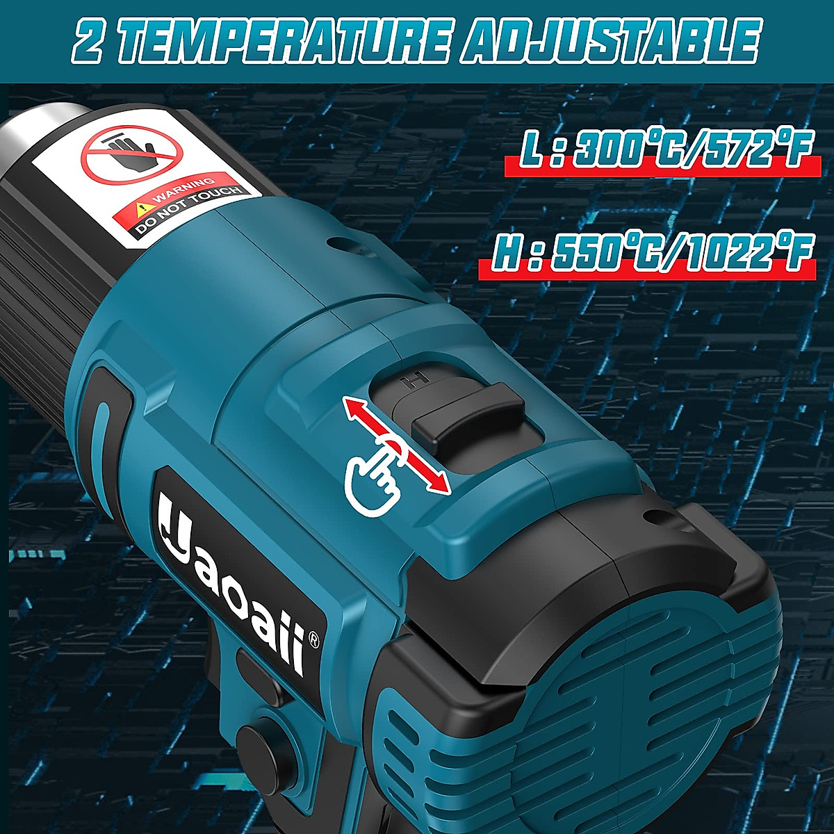 Cordless Heat Gun, Uaoaii 21V Hot Air Gun w/ 2x 4.0Ah Rechargeable Battery, 4 Nozzle, Led Light & Suitcase, 2-Temp Setting Max 1022°F(550°C) Heat Gun for Crafts, Shrink Tubing, Resin & Decorating