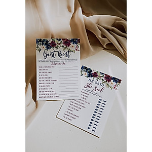 Your Main Event Prints Navy and Burgundy Floral Bridal Shower Bachelorette Games - He Said She Said, Find The Guest Quest, Would She Rather, What's in Your Phone - 25 - Printed Front and Back