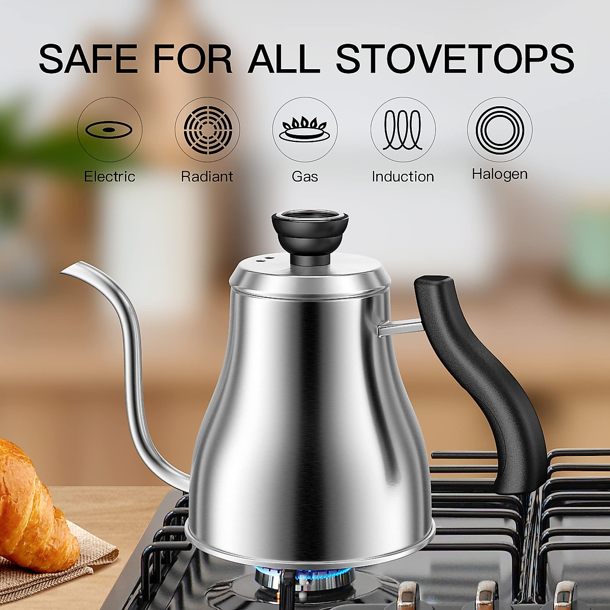 Meelio Pour Over Coffee Kettle 1.2 Liter 40 oz Tea Kettle with Thermometer for Stove Top Gooseneck Kettle, Stainless Steel Tea Pot Stovetop Teapot for Drip Coffee, Tea