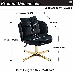 Mcltopz Velvet Office Chair Armless Desk Chair No Wheels, Modern Swivel Cute Vanity Chair with Gold Cross Legs, Ergonomic Mid Back Adjustable Wide Seat Computer Task Chair for Makeup Vanity Home Black