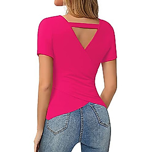 HERLOLLYCHIPS Womens Tops Short Sleeve Wrap Deep V Neck Backless Ruched Hem Cross Fitted Sexy Casual Summer Tees T-Shirts (Hot Pink, X-Large)
