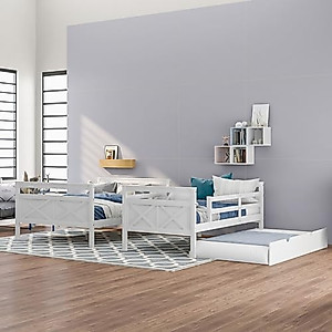 DEYOBED Twin Over Full Bunk Bed with Twin Size Trundle, Wooden Bed Frame with Ladder and Safety Guardrail for Kids Boy Girls, Can Convertible into 2 Separated Beds, White