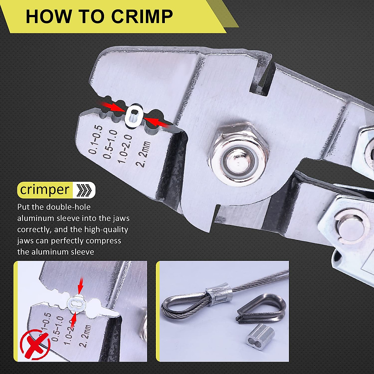 Twidec/Wire Rope Crimping Tool Up To 2.2mm Swaging Tool With 160PCS 1/16''Aluminum Crimping Loop Sleeve And 66FT 1/16'' 304 stainless steel Wire Rope 12PCS Wire Rope Thimbles Kit N-022-4K