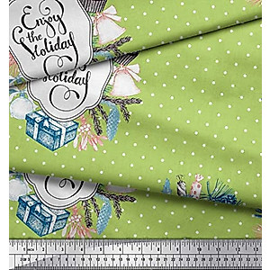 Soimoi Green Cotton Canvas Fabric Candies,Gift Box & Bell Christmas Decor Fabric Printed Yard 42 Inch Wide