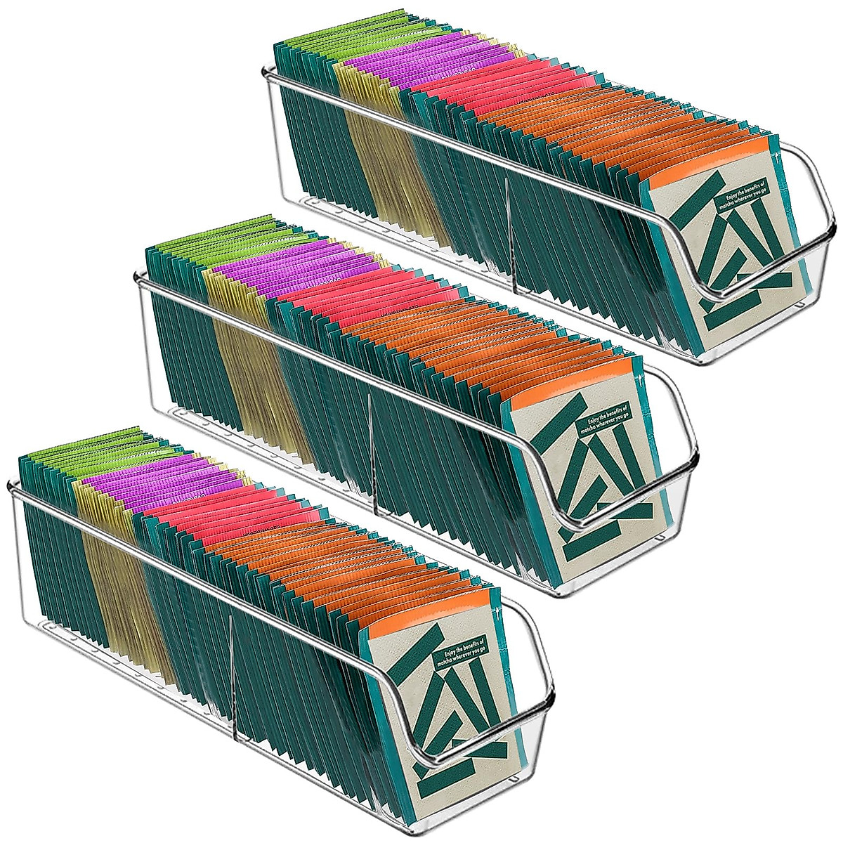 CYEAH 3 Pcs Tea Bag Organizer, 11 x 3.5 x 3 in Clear Tea Bag Holder Oragnizer, PET Tea Bag Storage Organizers, Drink Mix Packet Organizer for Sugar Packet Coffee Condiment Spices Countertop Cabinet