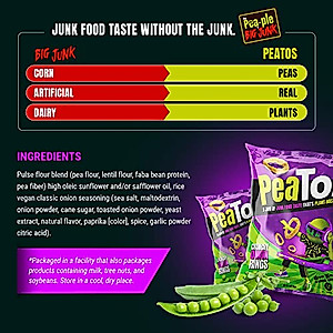 PeaTos® - the Craveworthy upgrade to America's favorite snacks - PeaTos Crunchy Onion Rings in Snack Sized 0.6 oz. Bags (15 pack) full of “JUNK FOOD” flavor and fun WITHOUT THE JUNK. PeaTos are Pea-Based, Plant-Based, Vegan, Gluten-Free, and Non-GMO.