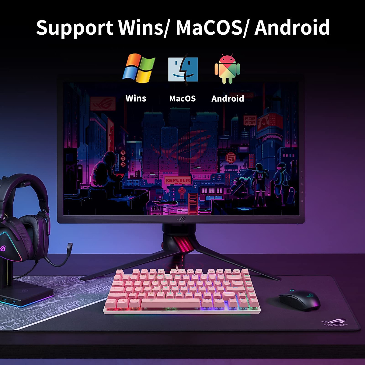 HUO JI 60% Mechanical Gaming Keyboard, LED Backlight 81 Keys Compact Keyboard USB Wired Keyboard Blue Switch, Pink