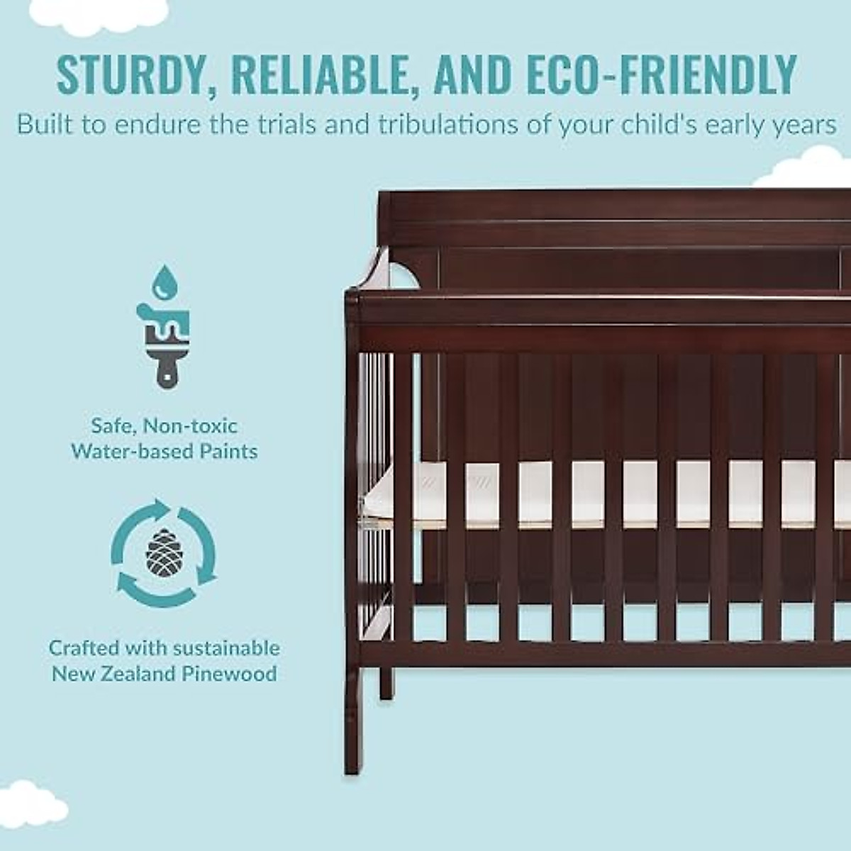 Dream On Me Alice 3-in-1 Full Panel Convertible Mini Crib, Espresso, Greenguard Gold Certified, 720 Oz