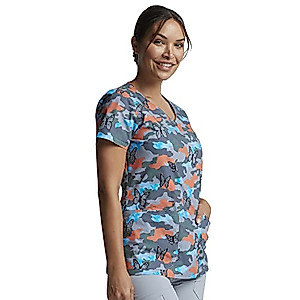 Dickies EDS Women Scrubs Top V-Neck DK700, M, Camo Flight