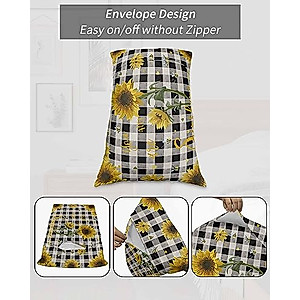 Summer Sunflower Pillow Covers Standard Size Set of 2 20x26 Bed Pillow, Black White Plaid Spring Floral Bee Rustic Wood Plush Soft Comfort for Hair/ Skin Cooling Pillowcases with Envelop Closure