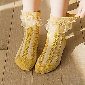 Girls Lace Ruffle Cotton Frilly Ankle Socks Cotton White Princess Dance Dress Socks for Little/Big Kids (US, Alpha, Medium, Mixed-color)