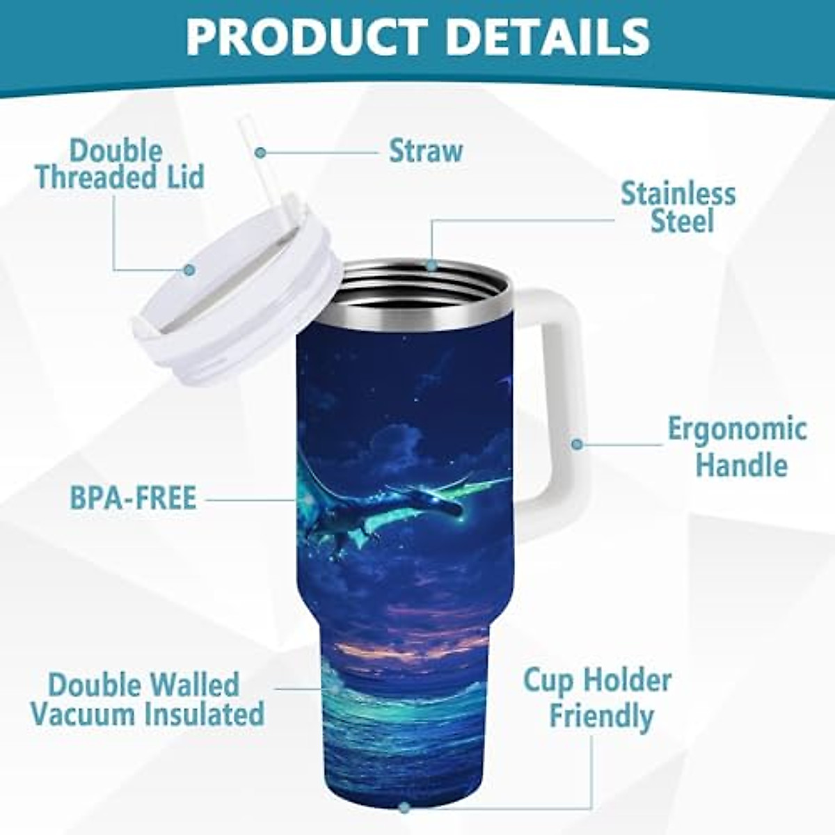 Slewiaeky Tumbler with Handle 40 oz Beast Dinosaur Vintage T Rex Travel Mug with Lid and Straw Stainless Steel Vacuum Insulated Water Bottle Cup for Iced Tea Coffee Cold Beverages Cup Holder Friendly