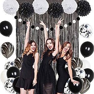 ANSOMO Black and White Happy Birthday Party Decorations, 30 Pcs Balloons Banner Foil Fringe Curtains, for Men Women