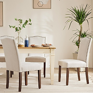 DUMOS Dining Chairs Set of 2, Fabric Dining Room Chairs, Upholstered Parsons Chairs with Nailhead Trim and Wood Legs, Kitchen Side Chair for Dining Living Room,Bedroom - Beige