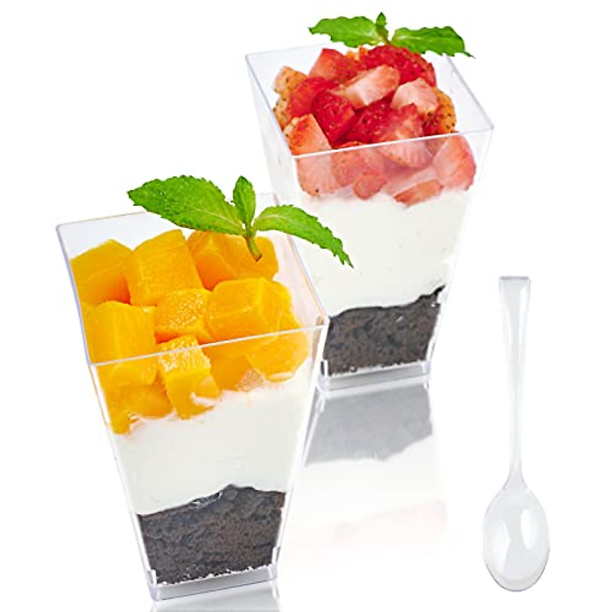 JOLLY CHEF 100 x 3oz Square Mini Dessert Cups with Spoons, Clear Plastic Parfait Appetizer Cup - Small Plastic Dessert Cups Reusable Serving Bowl for Tasting Party Desserts Appetizers