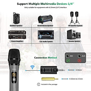 Wireless Microphone with Bluetooth, Professional UHF Dual Handheld Dynamic Metal Mic System Set with Rechargeable Receiver, 160 ft Range, 1/4''Output, for Karaoke Machine, Singing, Amp, PA Speaker