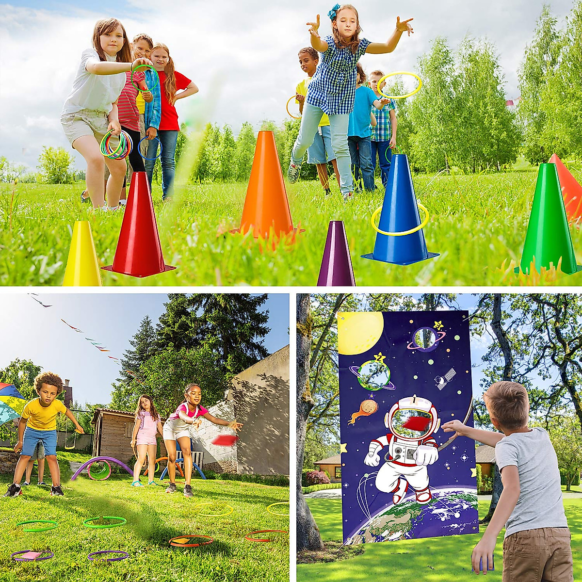 NONZERS Carnival Games Set, 4 in 1 Bean Bags Ring Toss Game with 12 Bean Bags, 12 Ring Toss, 6 Plastic Cones and One Toss Banner for Kids Birthday Carnival Party Outdoor Indoor Games Supplies