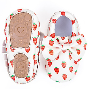 HONGTEYA Baby Moccasins with Rubber Sole&Soft Sole - Flower Print PU Leather Tassel Bow Girls Ballet Dress Shoes for Toddler (6-12Months, 12.5cm,5.5 M US Toddler, Strawberry)