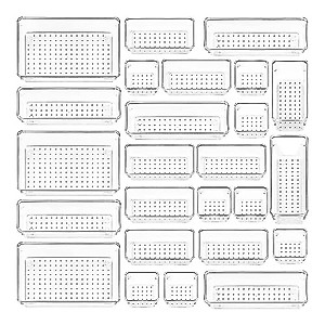 FRANIKAI 25 PCS Clear Plastic Drawer Organizer Set with 4 Sizes, Vanity Desk Drawer Divider & Makeup Organizer, Bathroom, Kitchen, Office Desk & Jewelry Organizer, Cabinet Storage Bins Divider Plastic Drawer Organizer of 25 PCS , Set 4 Sizes for Bathroom,