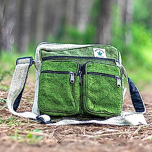 Fwosi Hemp Crossbody Messenger Bag - Unisex School Tote for Men & Women - Lightweight, Bohemian Shoulder Sling Bags - 4 Compartments, Zipper Closure, Adjustable Strap - Handmade in Nepal - Green