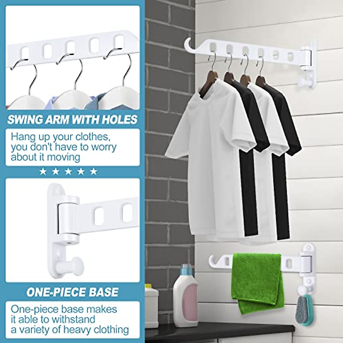 SKIKEN White Laundry Clothes Hanger Rack with Swing Arm, Wall Mounted Coat Hanger, Small Folding Drying Hanger, 180°Rotation, Space Saver, Sturdy Hanging, Solid Aluminum (2-Pack, White)