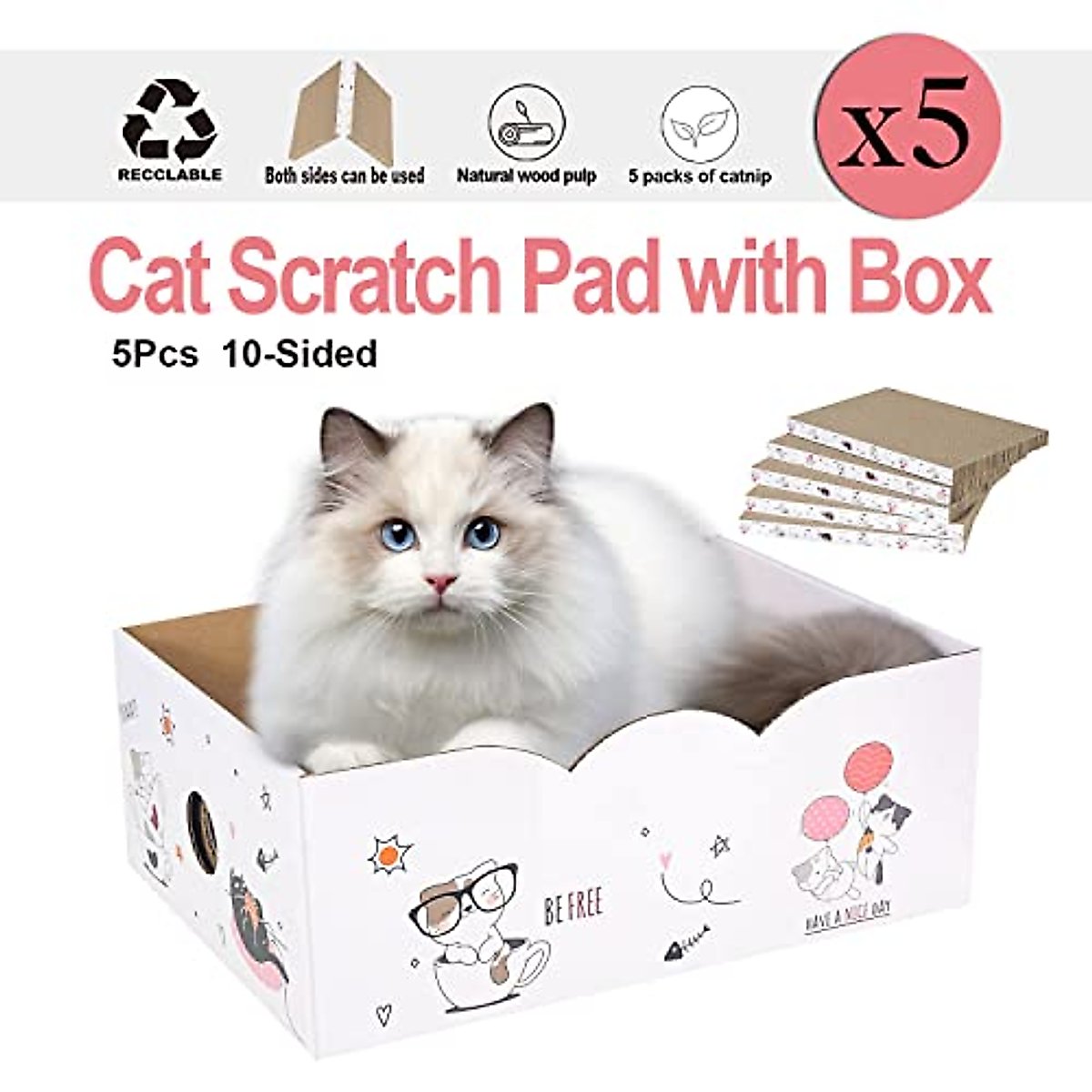 5 Packs in 1 Cat Scratch Pad with Box, Cat Scratcher Cardboard,Reversible,Durable Recyclable Cardboard, Suitable for Cats to Rest, Grind Claws and Play with Scratch Box
