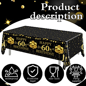 Pymurod 3Pcs 60th Birthday Tablecloth Decorations 60 Year Old Birthday Decorations Black Gold Happy 60 Birthday Table Cloth Rectangle Table Decorations 60th Birthday Party Favors