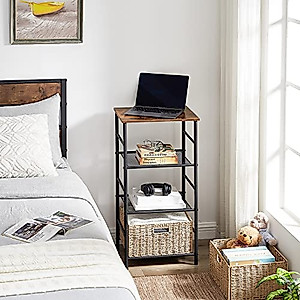 VECELO Tall End/Side Table with 2 Wicker Basket Storage Shelf Telephone Stand for Living Room, Bathroom, Bedroom, Office, Entryway, Easy Assembly, 3-Tier, Brown