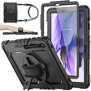 SEYMAC stock Case for Samsung Galaxy Tab S7 FE / S8 Plus 5G Case 12.4'' with Screen Protector Pencil Holder [360 Rotating Hand Strap] &Stand, Drop-Proof, Black