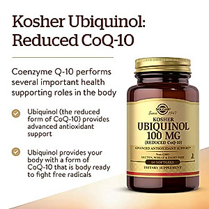 Solgar Kosher Ubiquinol 100mg, 60 Softgels - Advanced Antioxidant Support - Heart Health - Reduced Coenzyme Q10 (CoQ-10) - Non-GMO, Gluten Free, Dairy Free, Kosher - 60 Servings