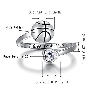 925 Sterling Silver Basketball Baseball Softball Football Tennis Racket Ring Adjustable Sports Jewelry Gifts for Women Player Mom (Basketball)