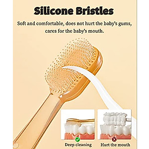 FOKiiBO Baby Silicone Toothbrush Set, Toothbrush + Tongue Brush + Baby Teether + Finger Toothbrush with Cup for Training Teething, 0-18M Infant Toddler Newborn Baby Teeth Brushes (Amber)