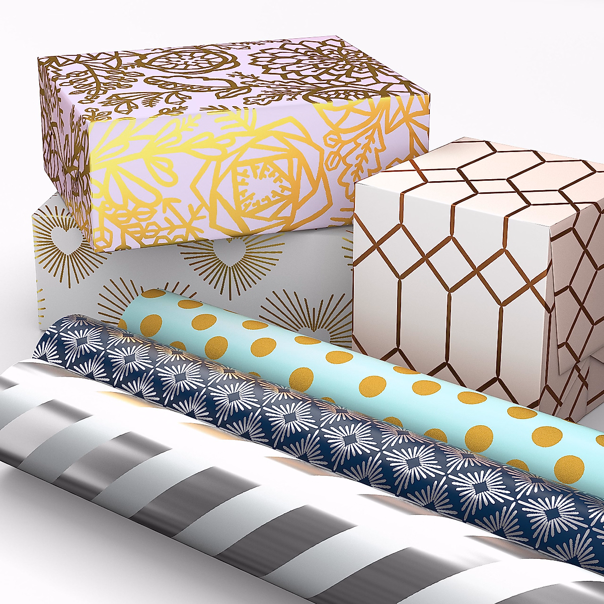 Hallmark Wrapping Paper with Cutlines on Reverse (6 Rolls: 180 Sq. Ft. Total) White and Silver Stripes, Mint Green, Gold Hearts and Flowers for Weddings, Bridal Showers, Birthdays