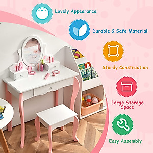 Costzon Kids Vanity Set with Mirror, 2 in 1 Princess Makeup Dressing Table w/Detachable Top, Toddler Vanity with 360° Rotating Mirror, Drawers & Stool, Pretend Play Vanity Set for Little Girls, White
