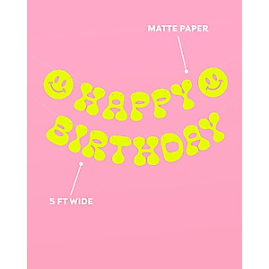 xo, Fetti Happy Birthday Smiley Rave Banner - Neon, 5 Ft. | Fun Birthday Party Decorations, Cute Festival Bday Decor, HBD, Preppy Party, Glow Photobooth Backdrop, Groovy Kids Party