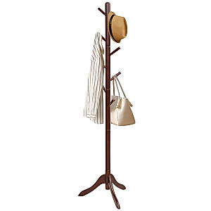 GOFLAME Coat Rack Freestanding, Wooden Entryway Coat Tree Hanger with 8 Hooks and 4 Sections, Height Adjustable Coat Stand for Home Office Hallway Entryway (Brown)