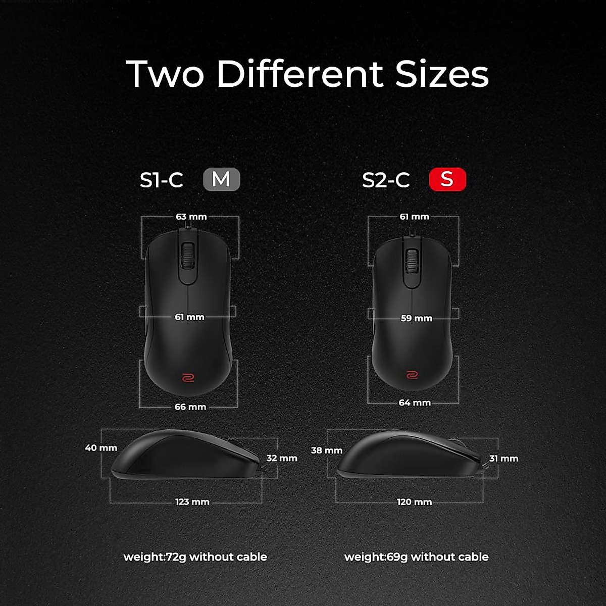 BenQ Zowie S2-C Symmetrical Gaming Mouse | Professional Esports Performance | Driverless | Paracord Cable | Revisioned C-Features | Matte Black | Small Size