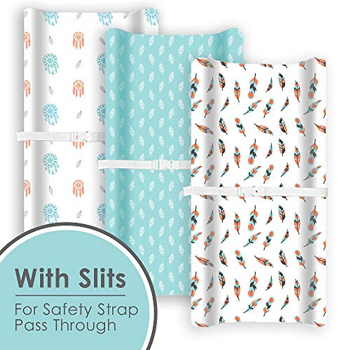 GROW WILD Changing Pad Cover Boys or Girls 3 Pack | Soft & Stretchy Diaper Changing Pad Covers | Changing Pad Sheets and Baby Changing Table Cover | Wipeable Sheets | Boho Dreams Teal White Feathers