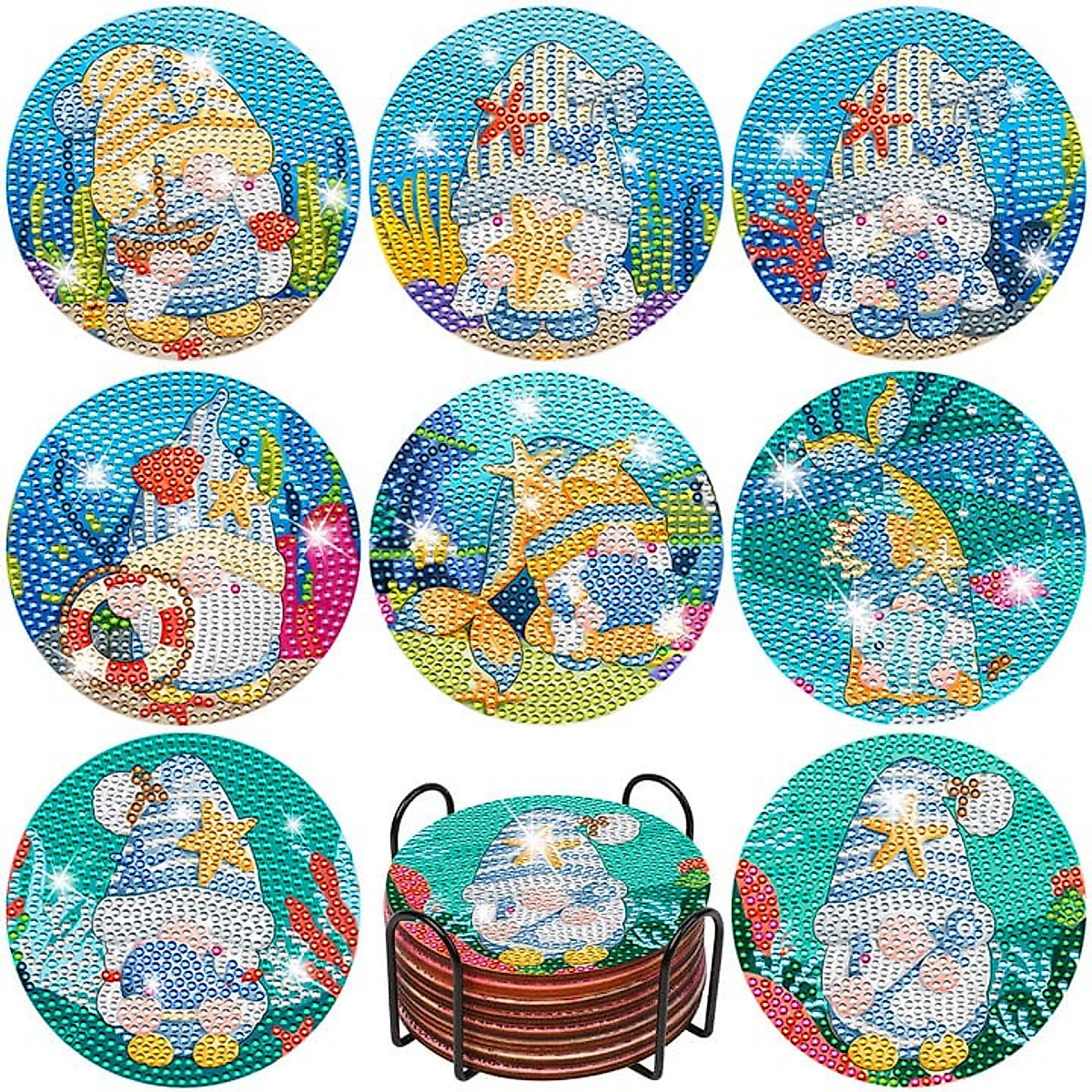 8 PCS Ocean Gnome Diamond Paintings Coasters, Diamond Art Coasters with Holder, Sea Diamond Painting Coasters for Beginners Adults Kids Art Supplies