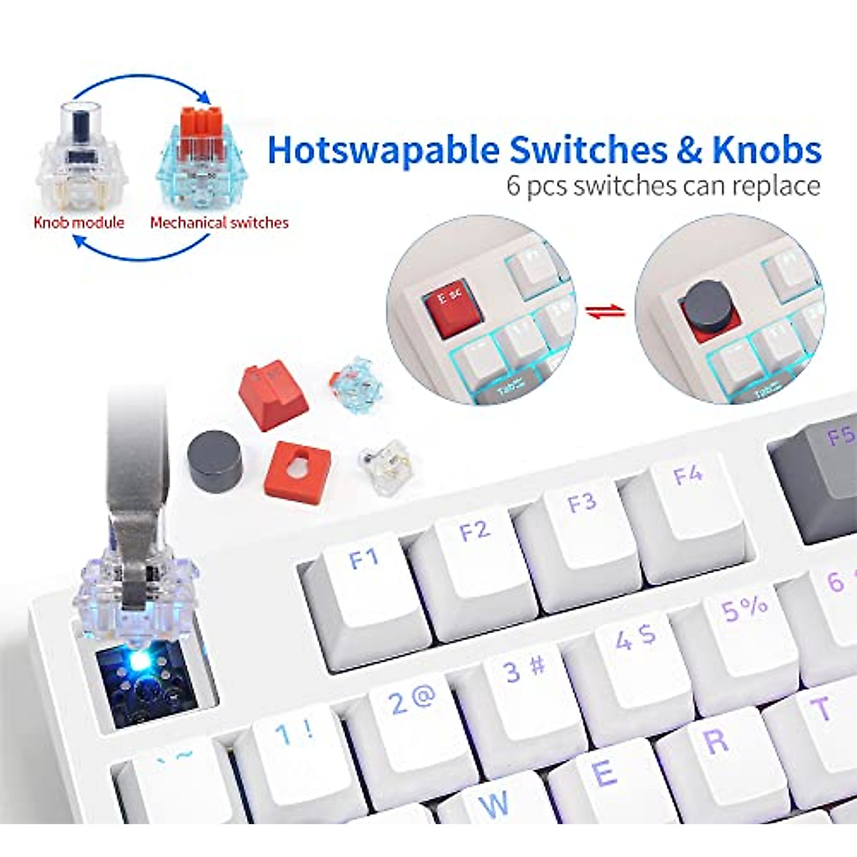BOYI GK75 Tri-Mode 75% Keyboard with Knob Hot Swappable RGB Gaming Keyboard,2.4Ghz/Bluetooth 5.0/Wired Keyboard 80 Keys Programmable Mechanical Keyboard(Skyloong Red Switch,Cool-Red Theme)