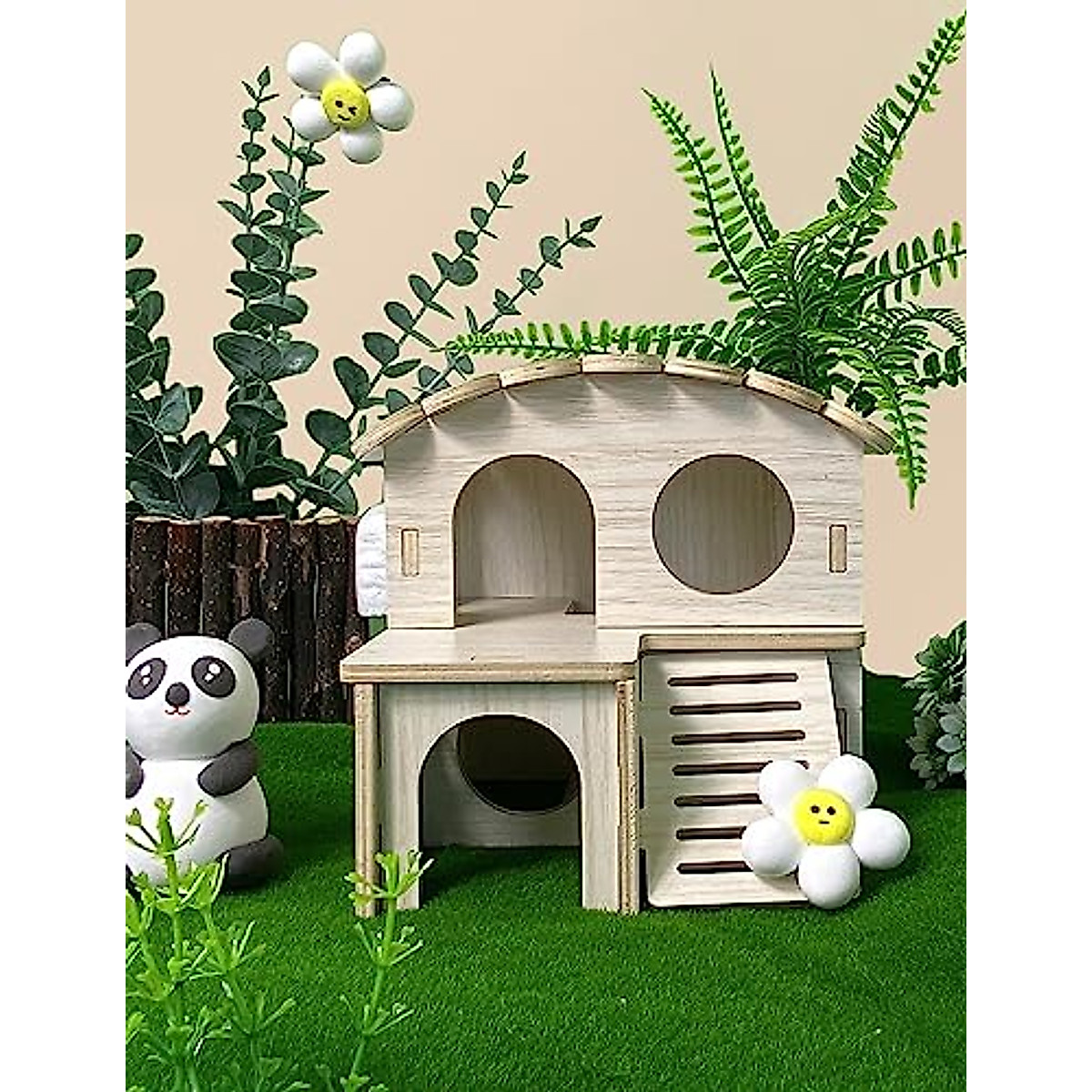 Sirvarni Hamster Hideout Cage Accessories - Hamster House and Habitat Wooden Hide Hut with Climbing Ladder and Platform for Dwarf Gerbils and Mouse Mice Rat Other Small Animals etc.