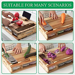 Acacia Wood Cutting Board with Containers & Lids, 3in1 Grater and bonus Bamboo Phone and Tablet Holder by SWILLT-Large Acacia Wood Chopping Board with 4 Storage Trays, Food Prep Cleanup, Juice Groove