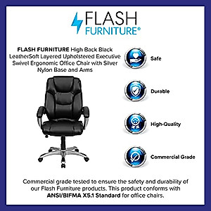 Flash Furniture Heather High Back Black LeatherSoft Layered Upholstered Executive Swivel Ergonomic Office Chair with Silver Nylon Base and Arms