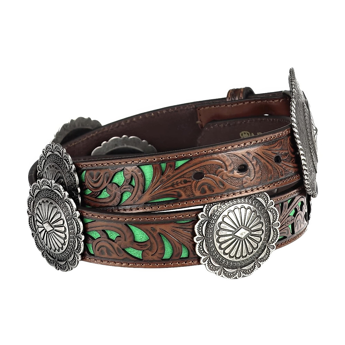 ARIAT Women's Western Belt, Turquoise with Tan Floral Embossed Strap, Silver Conchos, 1-1/4" Width, X-Large (42" Waist)